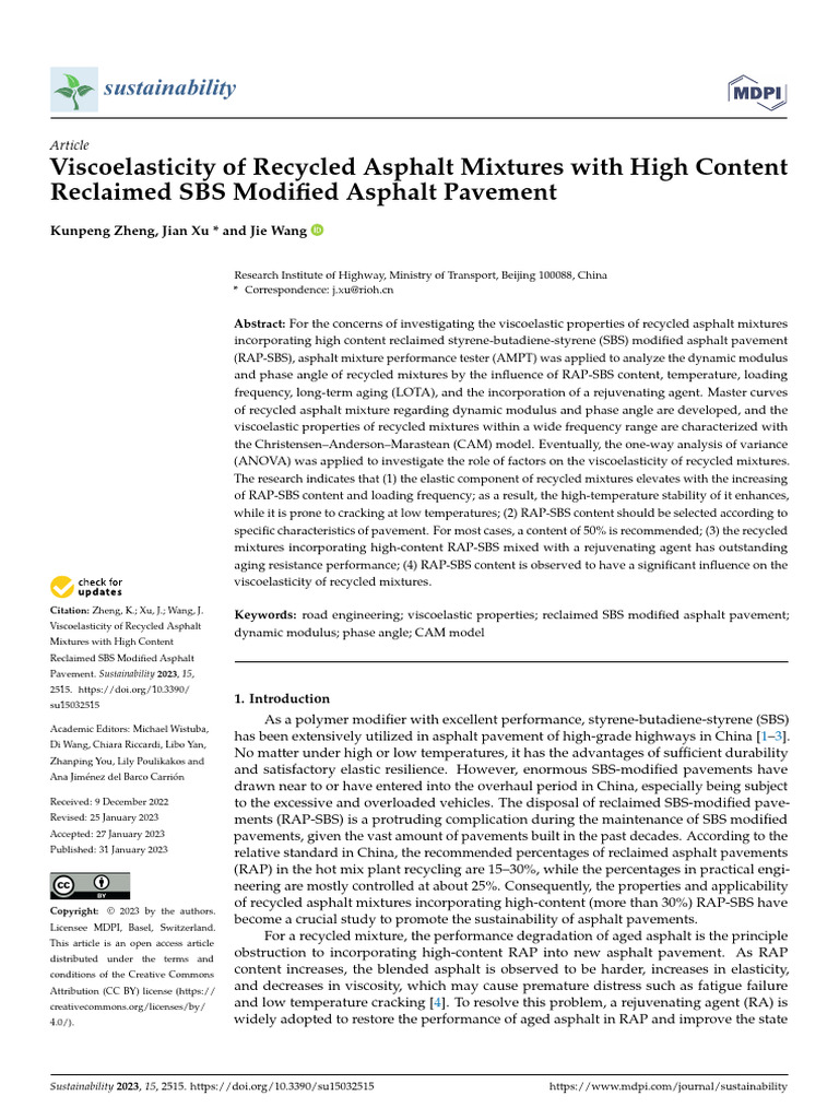 (2020) Viscoelasticity of Recycled Asphalt Mixtures With High Content Reclaimed SBS Modified ...