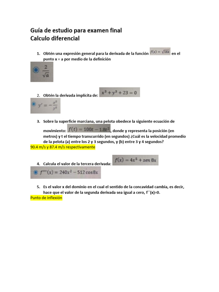 Guía de estudio para examen final | PDF | Derivado | Función (Matemáticas)