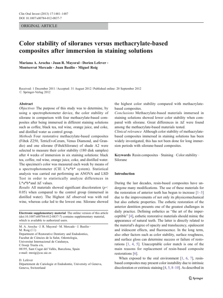 Color Stability of Siloranes Versus Methacrylate-Based Composites After ...