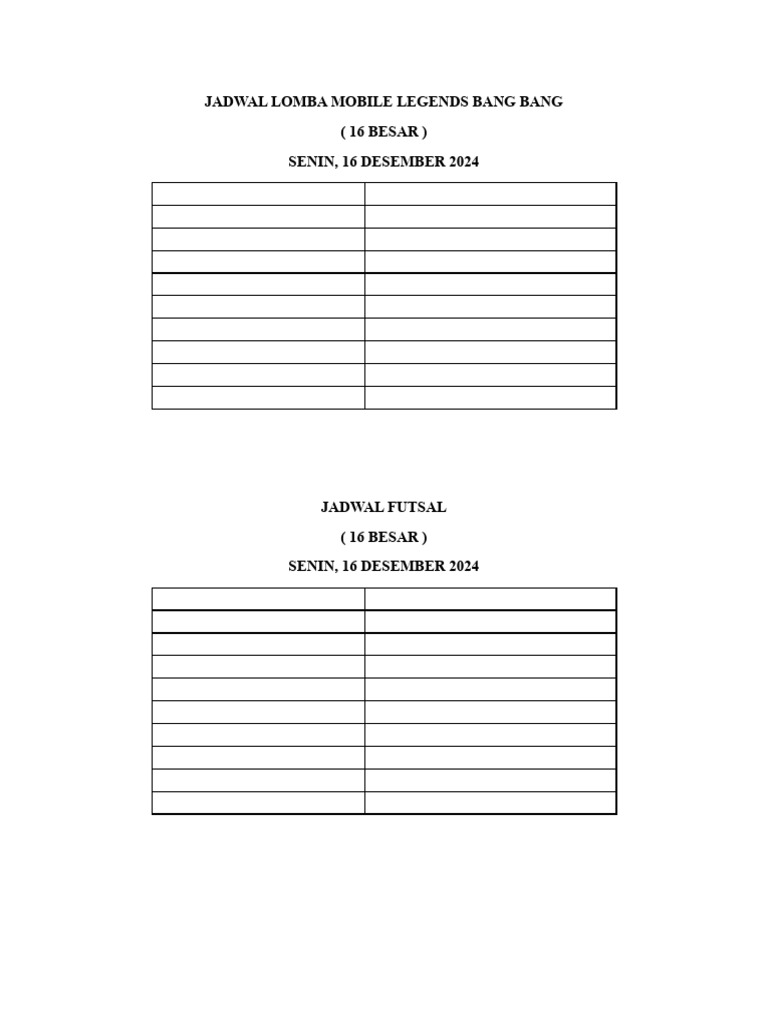 Jadwal Lomba 16 Besar Futsal Dan MLBB | PDF