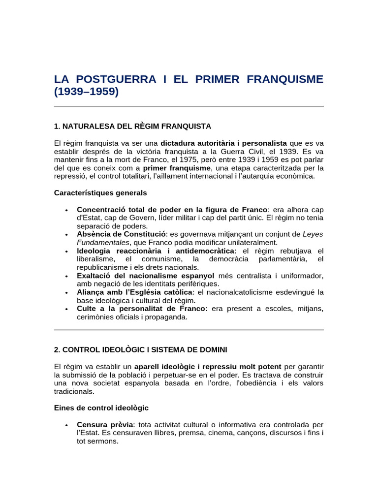 LA POSTGUERRA I EL PRIMER FRANQUISME (2) | PDF