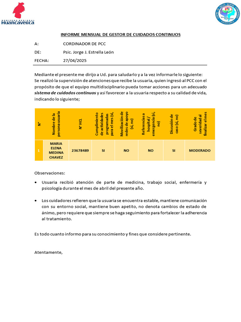Informe de Tutor CC - Abril 2025 Memch | PDF | Medicina | Cuidado de la salud
