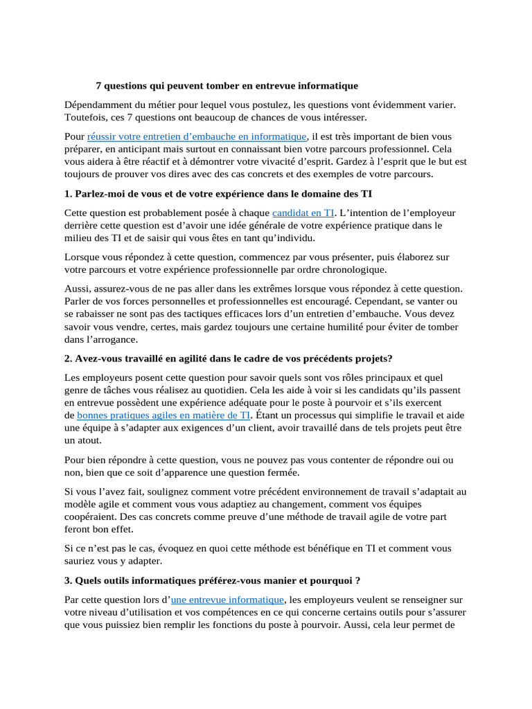 Questions clés pour entretien informatique | PDF | Entretien d'embauche