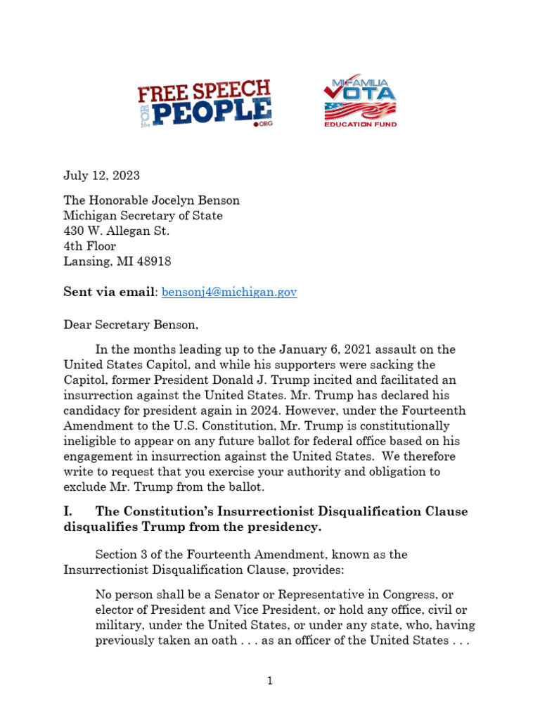 FSFP Mfvef Letter To Mi Secy of State Benson 0723 | PDF | Fourteenth ...