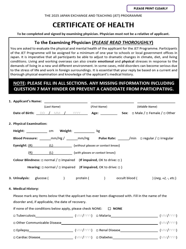 JET Programme Health Certificate 2025 | PDF | Mental Disorder ...