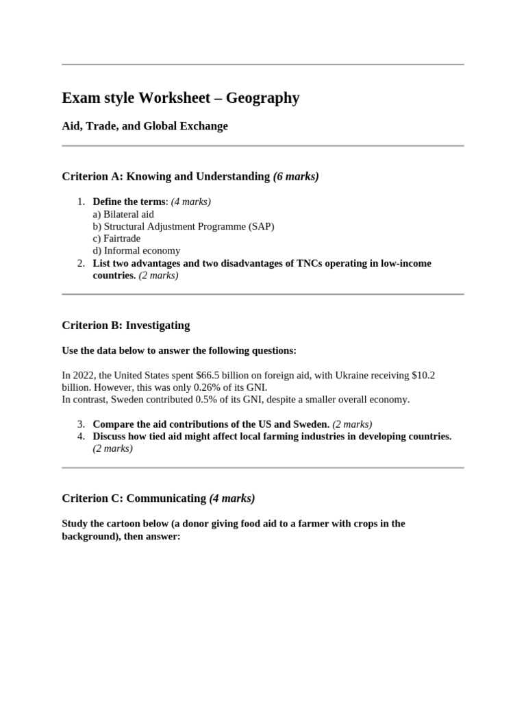 Geography Exam Worksheet: Aid and Trade | PDF