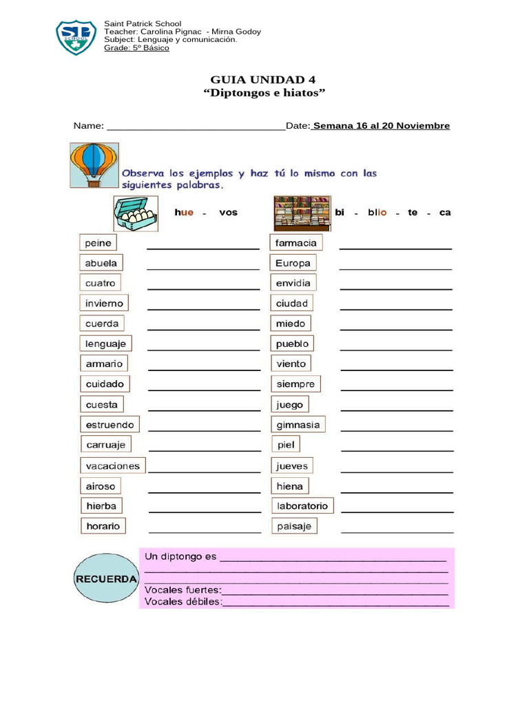 Guía de Diptongos e Hiatos 5º Básico | PDF