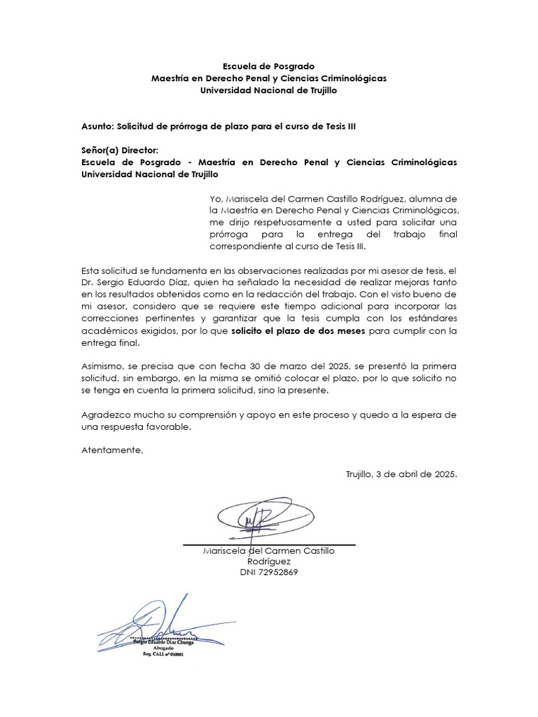 Solicitud de Prorroga de Tesis III - CASTILLO RODRIGUEZ | PDF