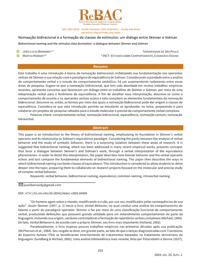 Artigo - Nomeacao Bidirecional Skinner+Sidman | PDF | Behaviorismo ...