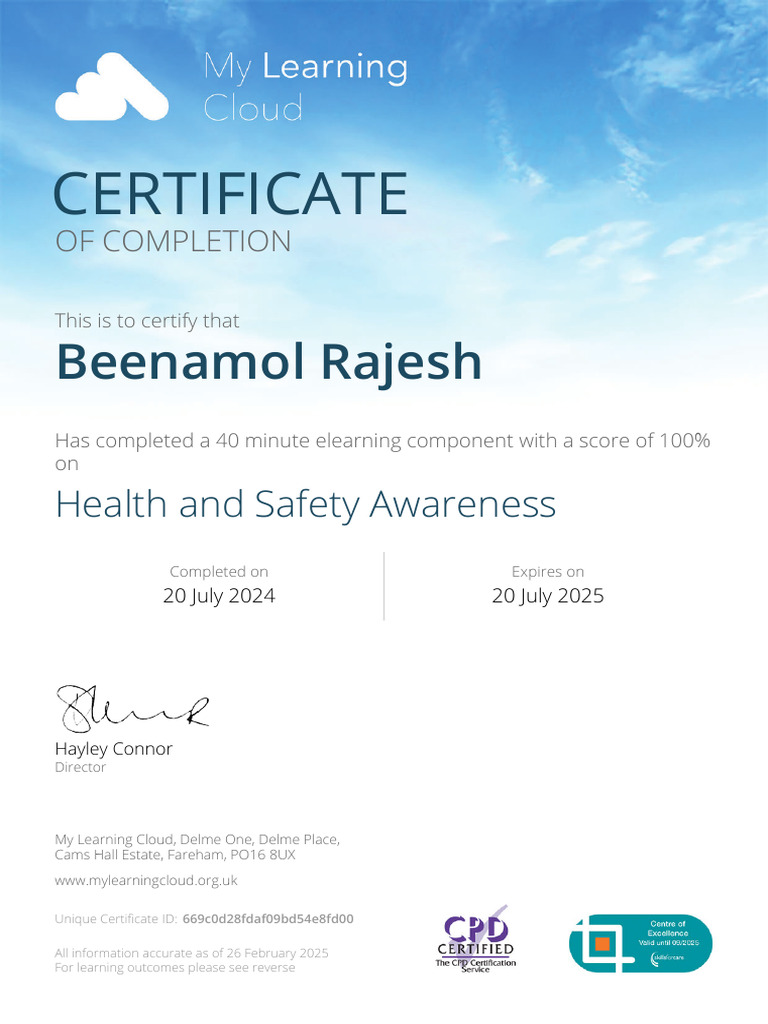 Certificate: Beenamol Rajesh | PDF