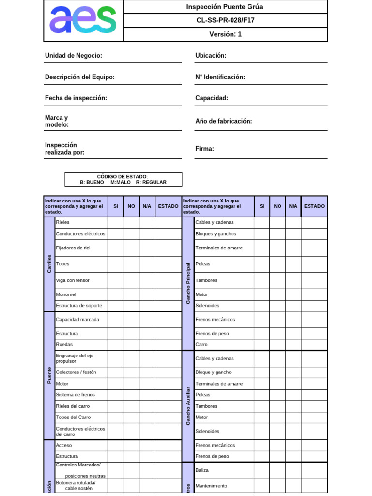 CL-SS-PR-028 F17 Inspección Puente Grúa V1 | PDF | Cambiar | Vehículos
