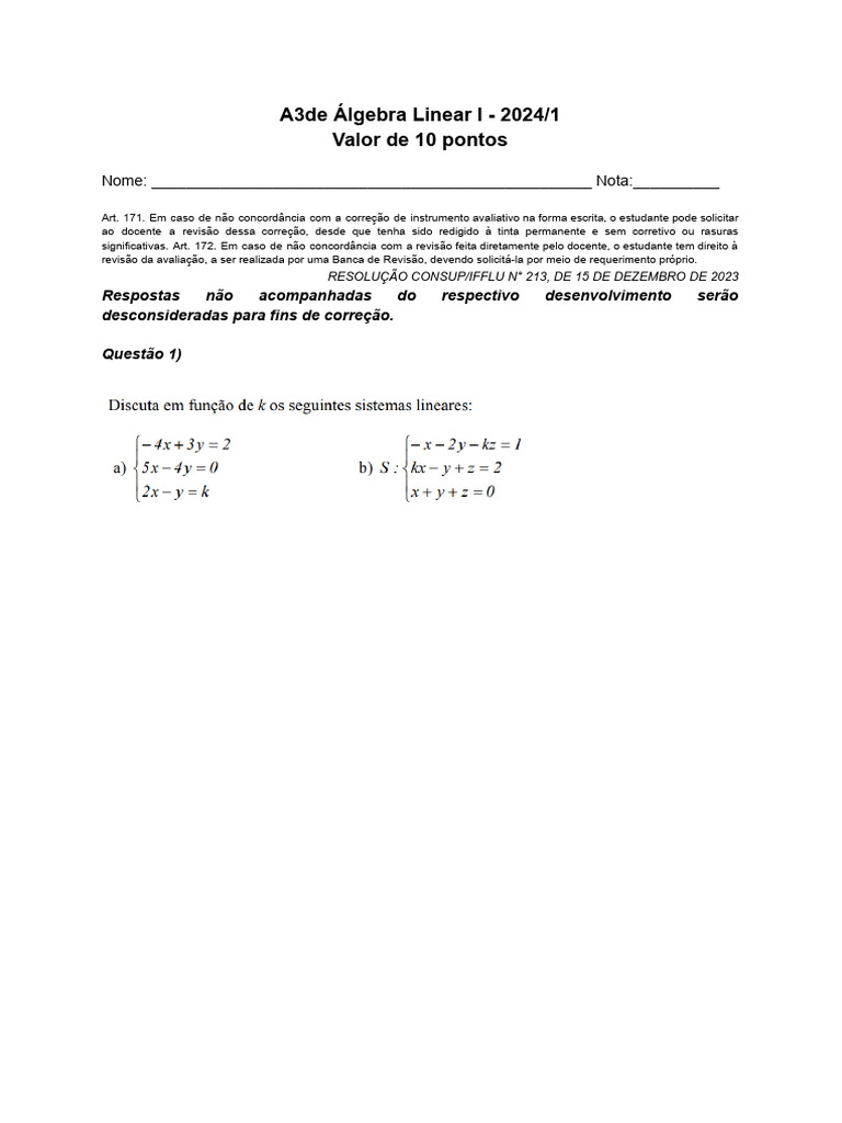 A3 de Álgebra Linear I - 2024_2 | PDF
