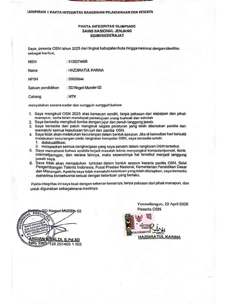 pakta integritas rina_11zon | PDF