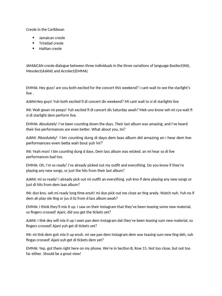 Creole DIalogue Assignment | PDF | Sociolinguistics | Languages