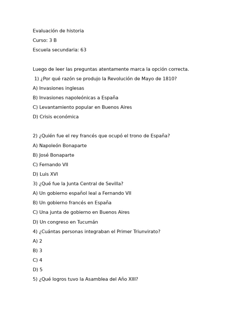 Evaluación Historia 3B | PDF | Argentina