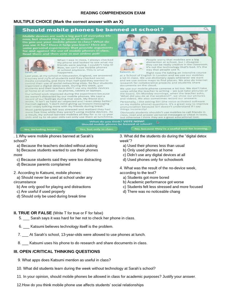 Reading Comprehension Exam | PDF | Reading Comprehension | Mobile Phones