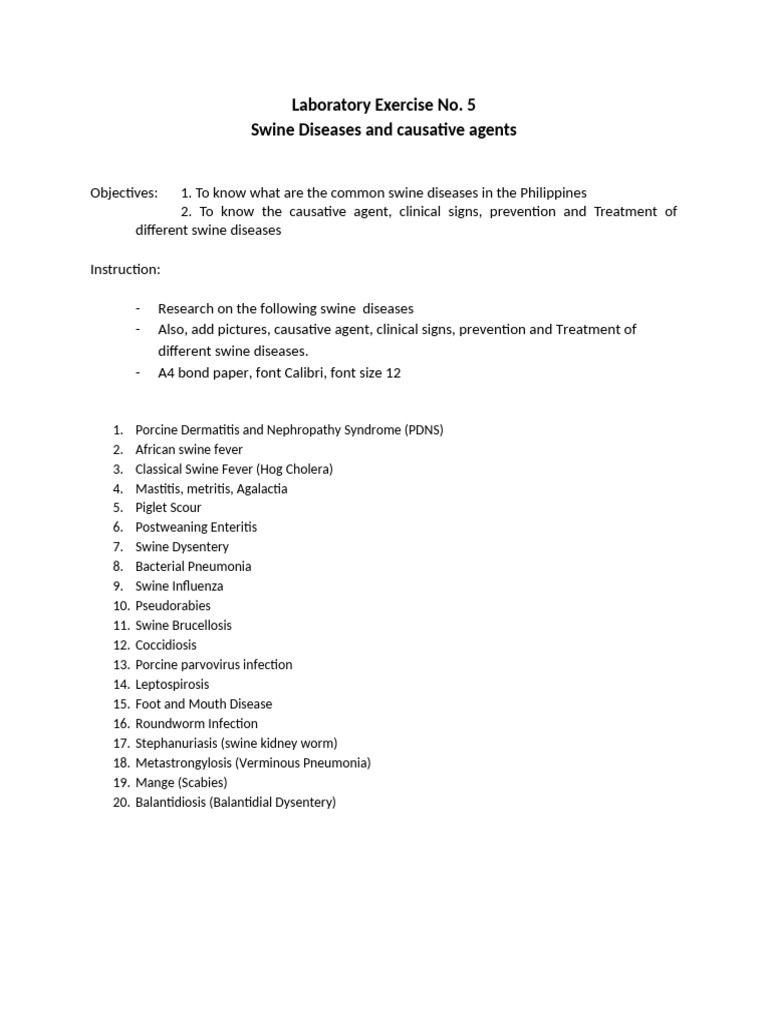 Laboratory Exercise No. 5 Swine Diseases and Causative Agents | PDF