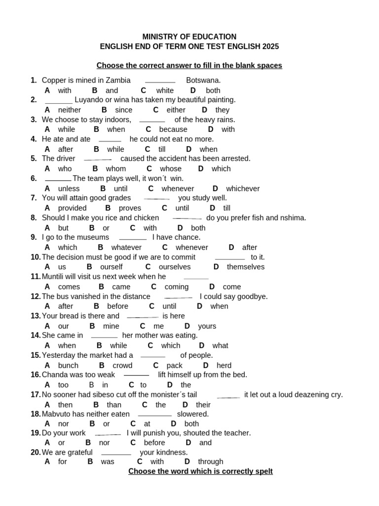 Form 1 English - Test-2025 | PDF