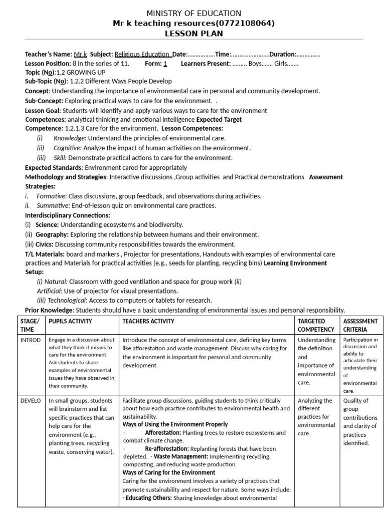 Sample of CBC RE Lesson Plan MR K 0772108064 | PDF | Sustainability ...