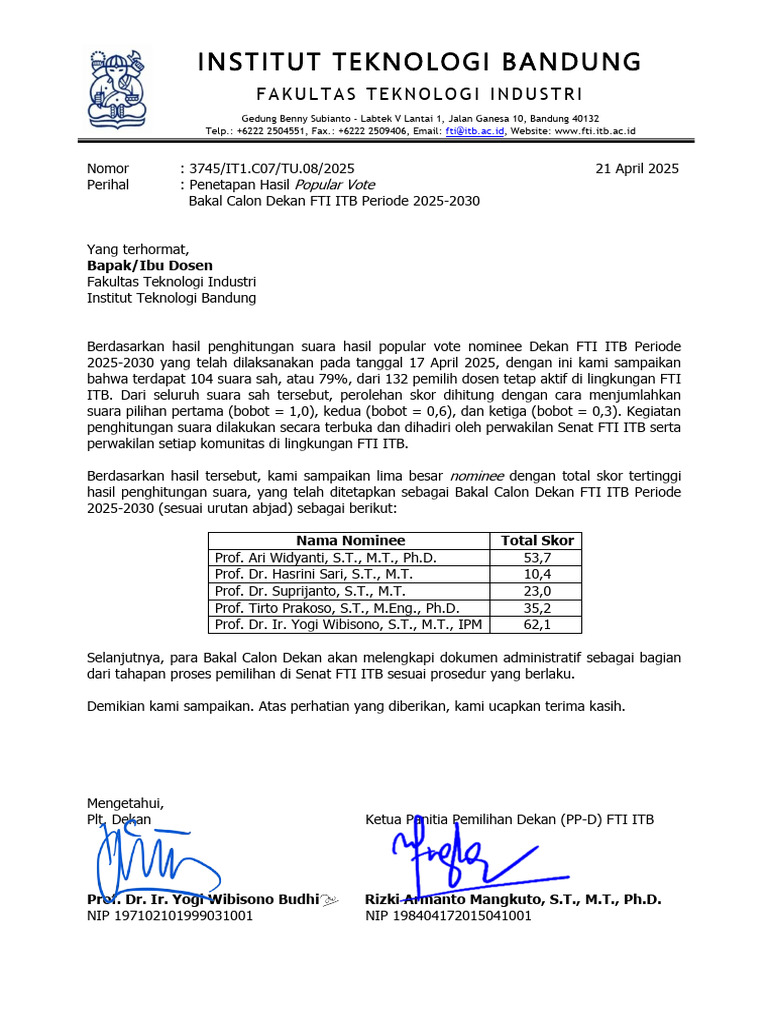 Bakal Calon Dekan FTI ITB 2025-2030 | PDF