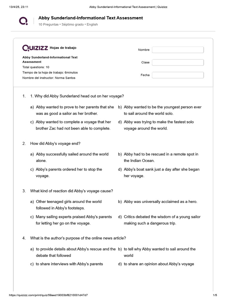 Abby Sunderland-Informational Text Assessment - Quizizz | PDF