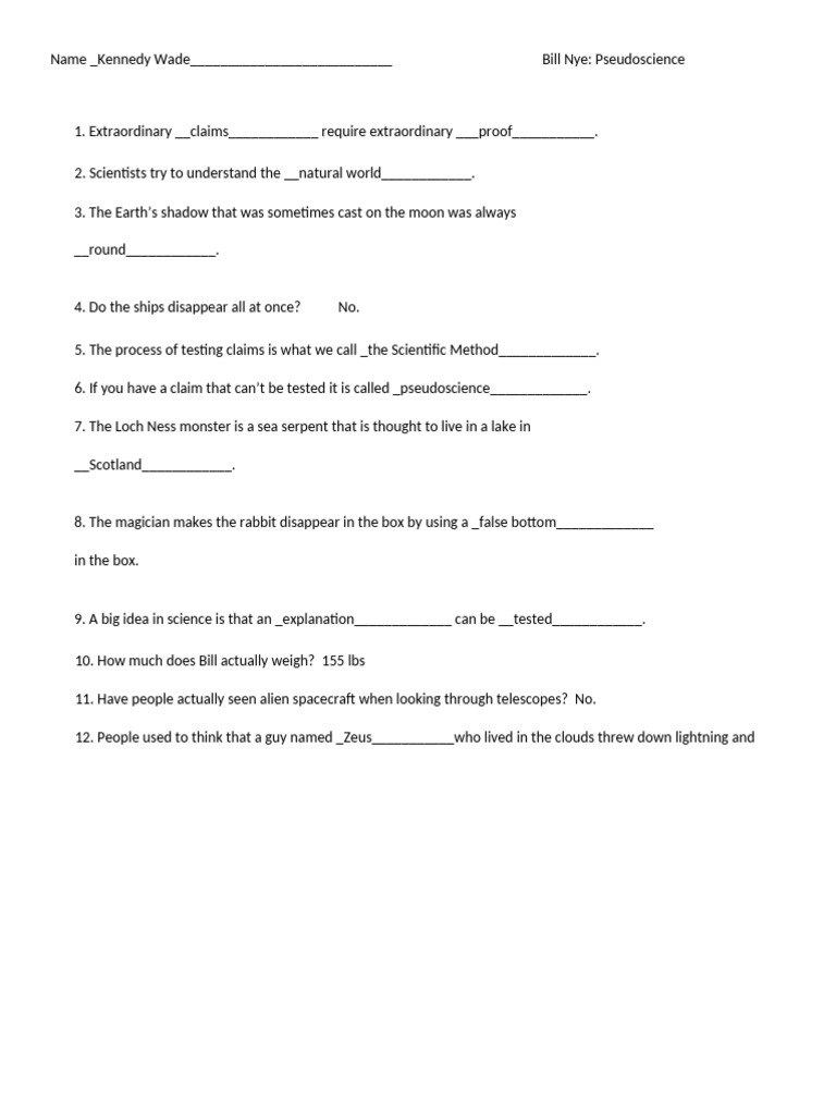 Bill Nye Pseudoscience Worksheet | PDF