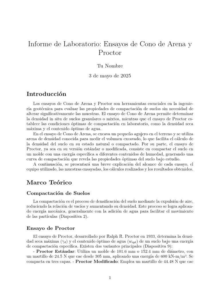 Informe de Laboratorio: Ensayos de Cono de Arena y Proctor: Introducción | PDF