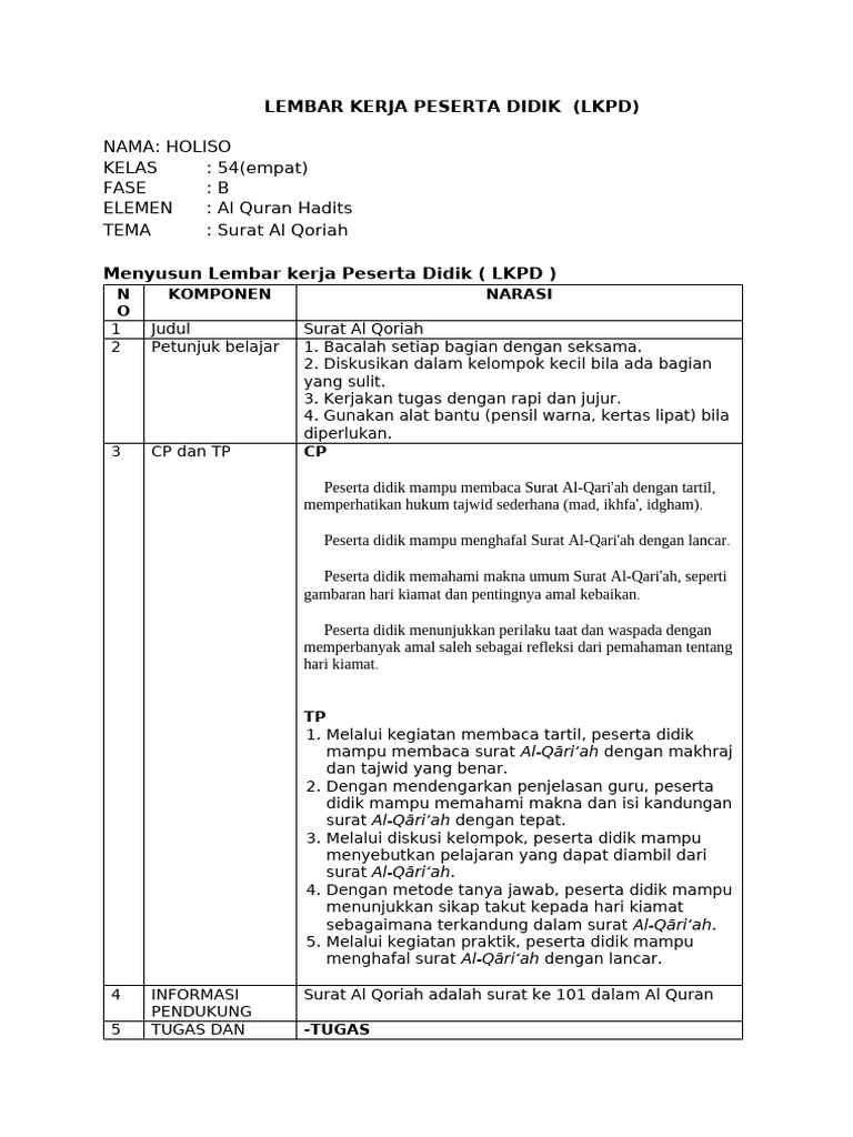 LKPD SURAT Al QORIAH - HOLISO | PDF