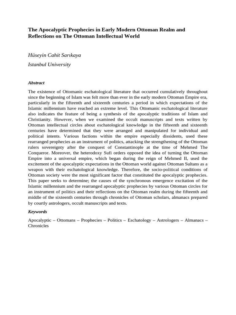 The Apocalyptic Prophecies in Early Modern Ottoman Realm and ...