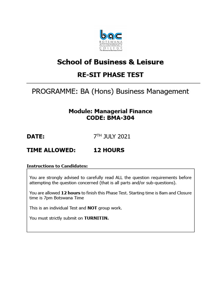 Resit Phase Test - Managerial Finance 1 | PDF | Partnership | Business