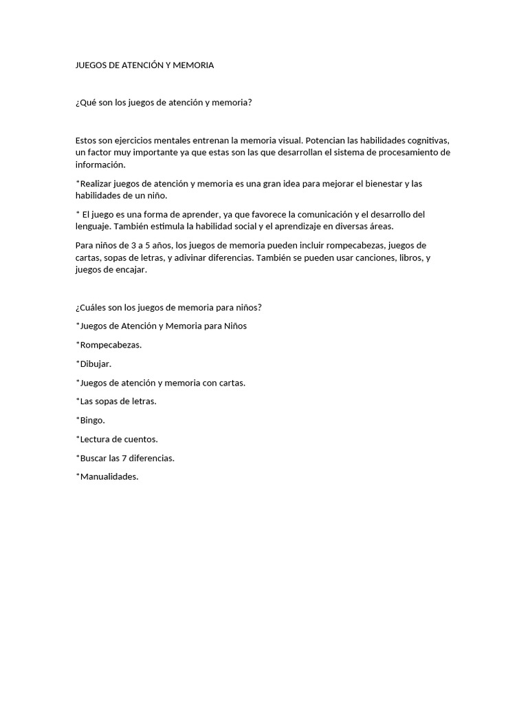 Juegos de Atención y Memoria para Niños | PDF