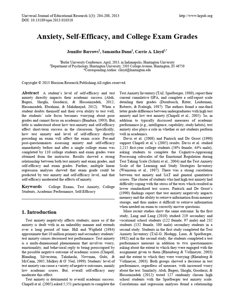Anxiety Self-Efficacy and College Exam Grades | PDF | Self Efficacy | Anxiety