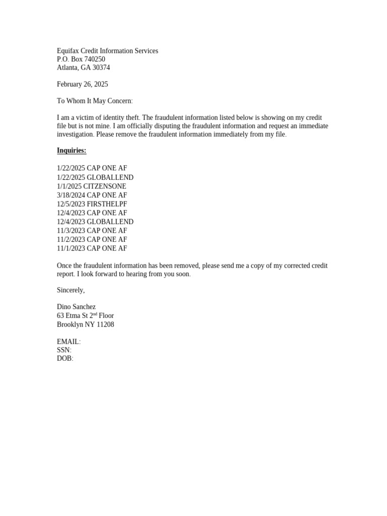 Equifax Bureau Dispute Letter | PDF