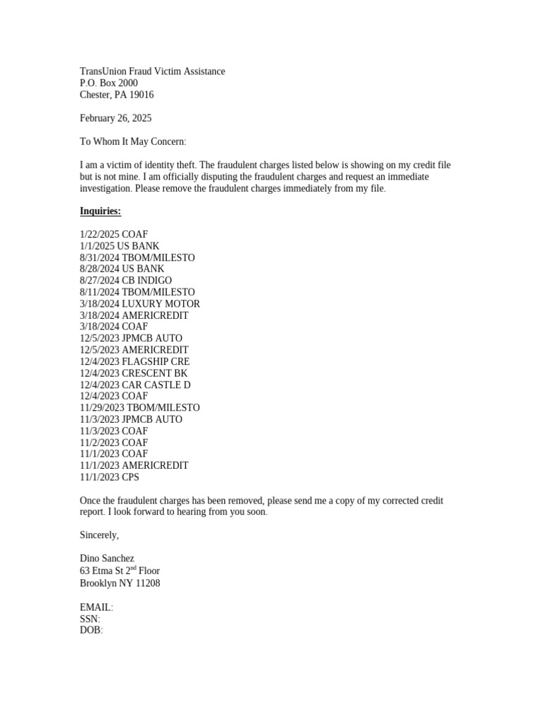 Trans Union Bureau Dispute Letter | PDF