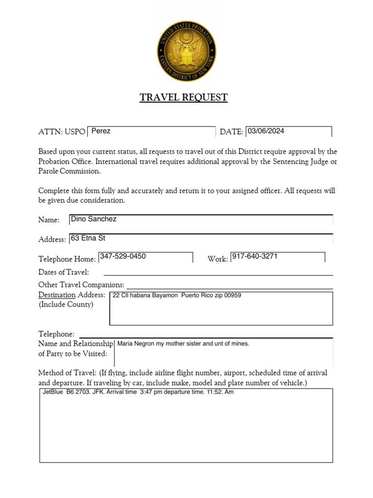 Travel Request Form for Probation Approval | PDF