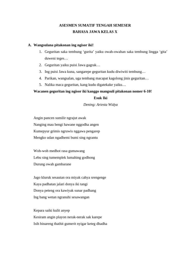 Soal Asts Bahasa Jawa Kelas X 2025 | PDF