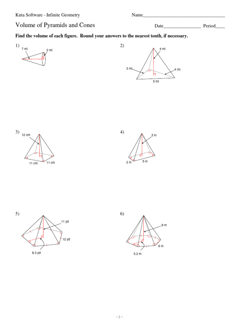Volume of Pyramids and Cones Worksheet | PDF | Length | Geometry
