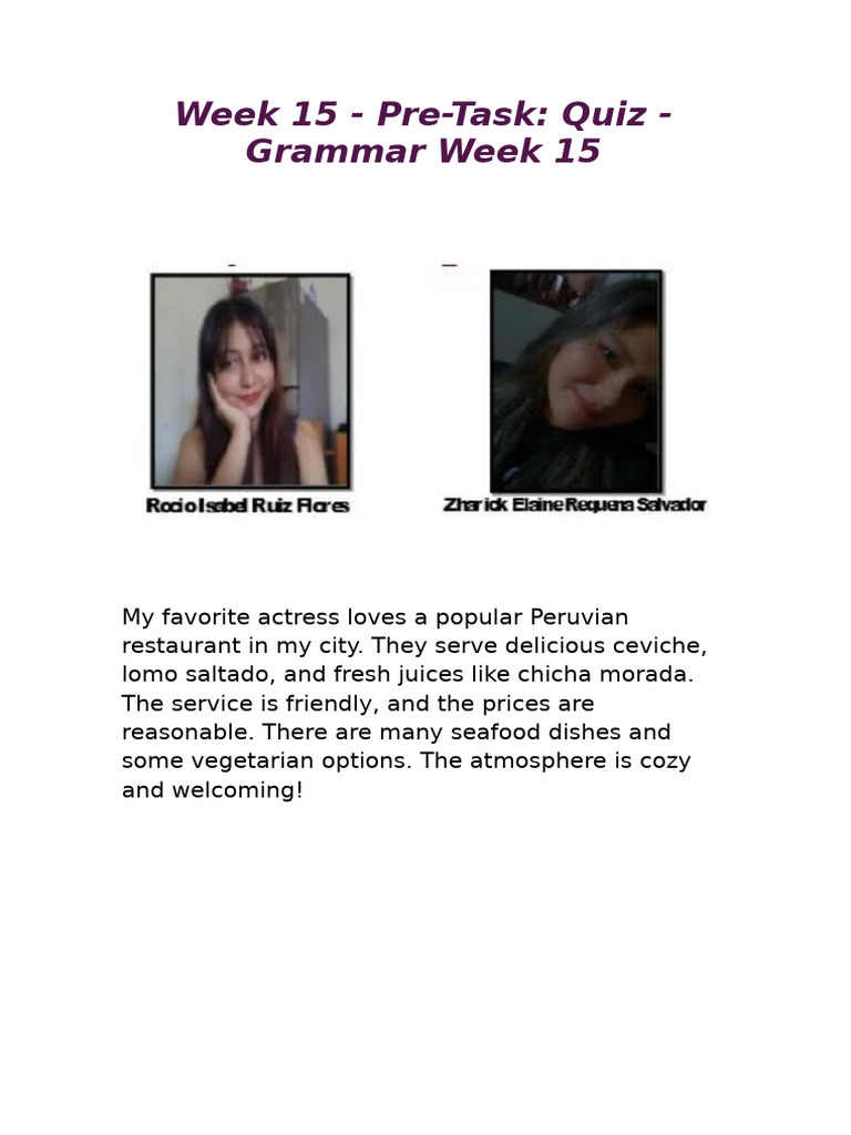 Week 15 - Pre-Task: Quiz - Grammar Week 15 | PDF
