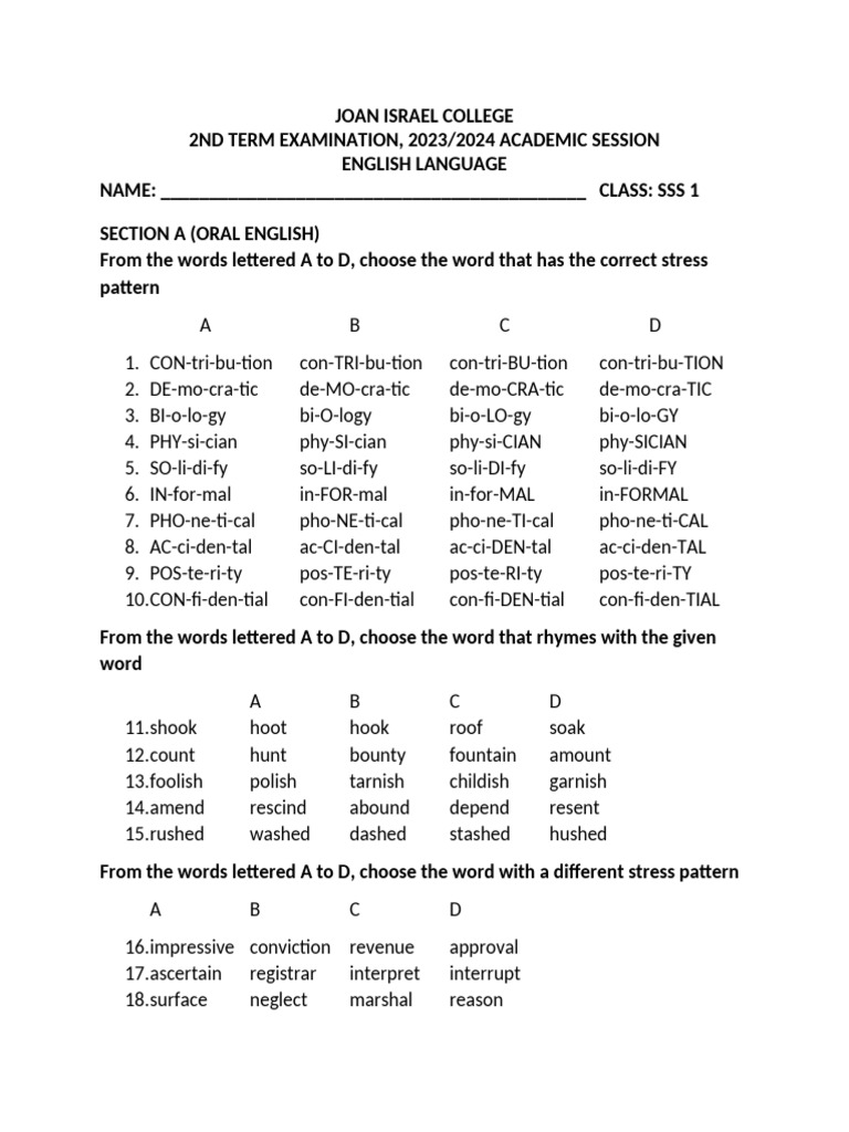 2ND Term Examination. Sssi-3. Diction | PDF