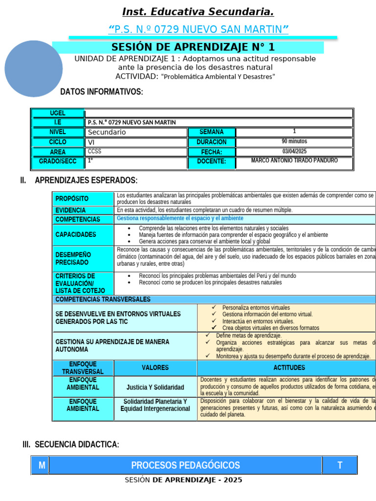 Sesion CCSS 1° Sec-Semana 01 Uni 1 | PDF | Entorno natural | Aprendizaje