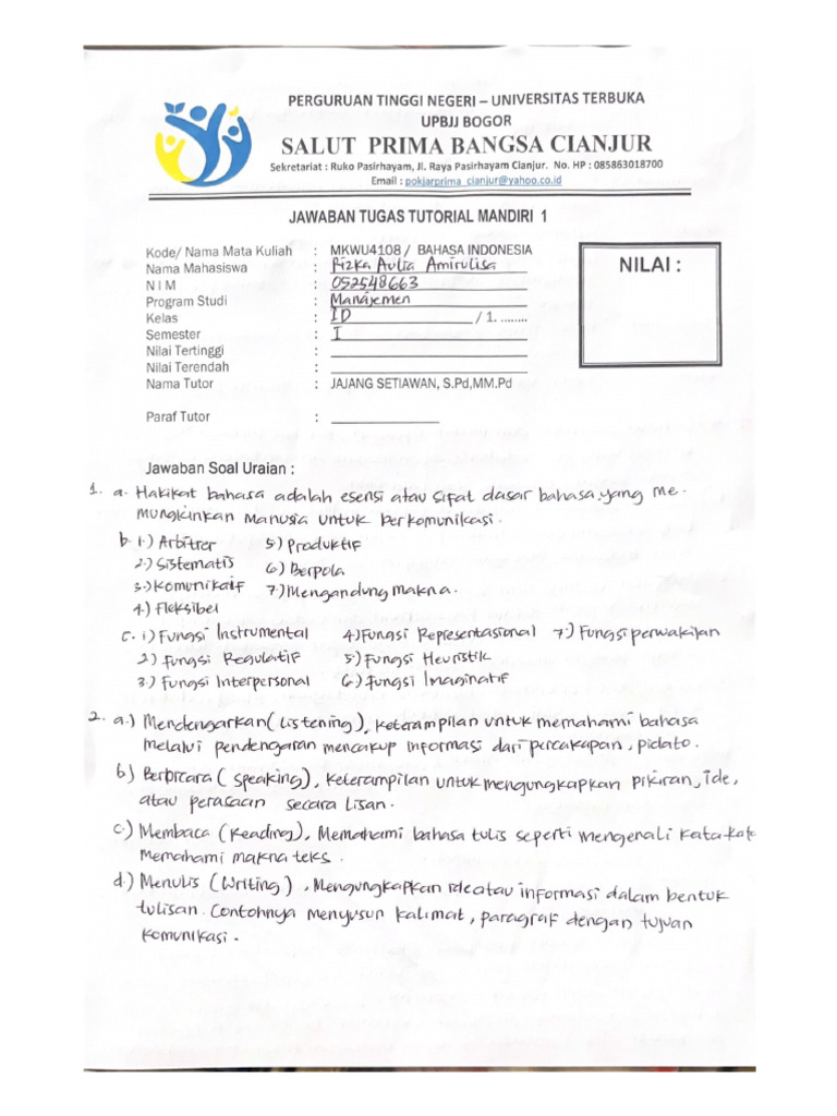 LJT B Indo TT 1 Rizka Aulia | PDF