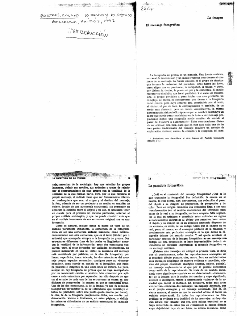 BARTHES - El Mensaje Fotográfico | PDF