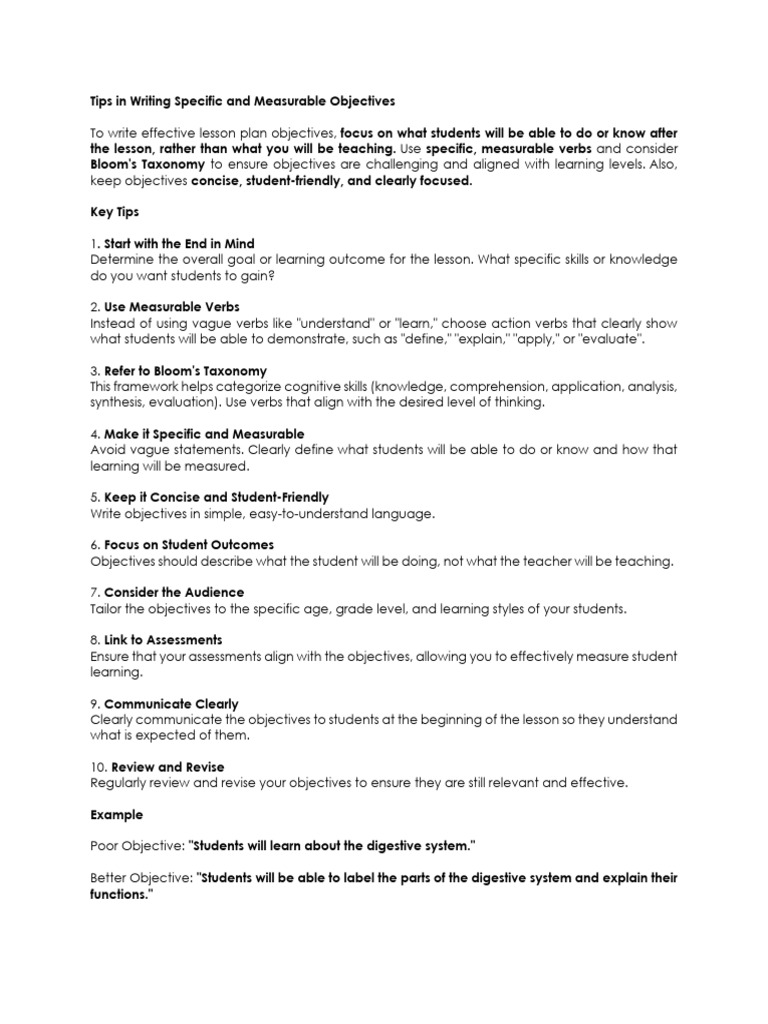 Tips in Writing Specific and Measurable Objectives | PDF