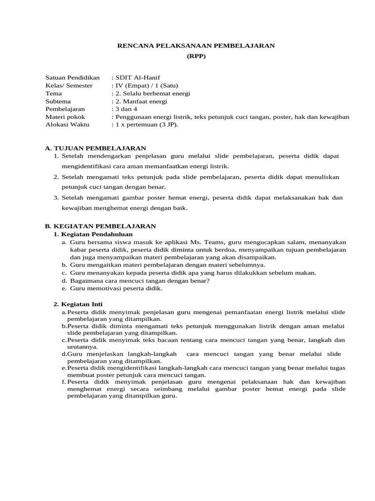 RPP Kelas Iv Tema 2 Pemb. 3&4 (2020) | PDF