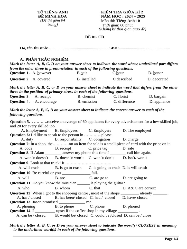 (HS) CÔ DIỆU-ĐỀ MINH HỌA GIỮA KÌ 2-ANH 10 | PDF | Nobel Prize