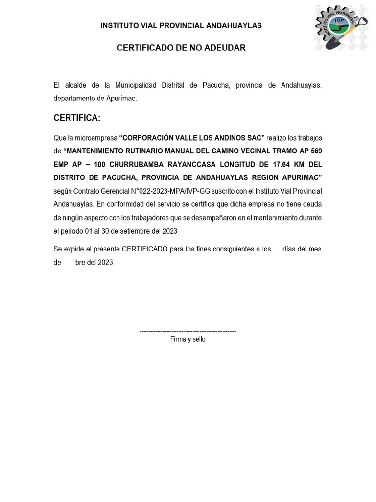 CERTIFICADO DE NO ADEUDO | PDF