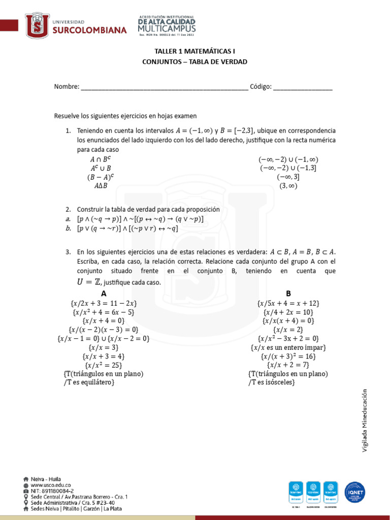 Taller 1 Conjuntos TablasVerdad | PDF
