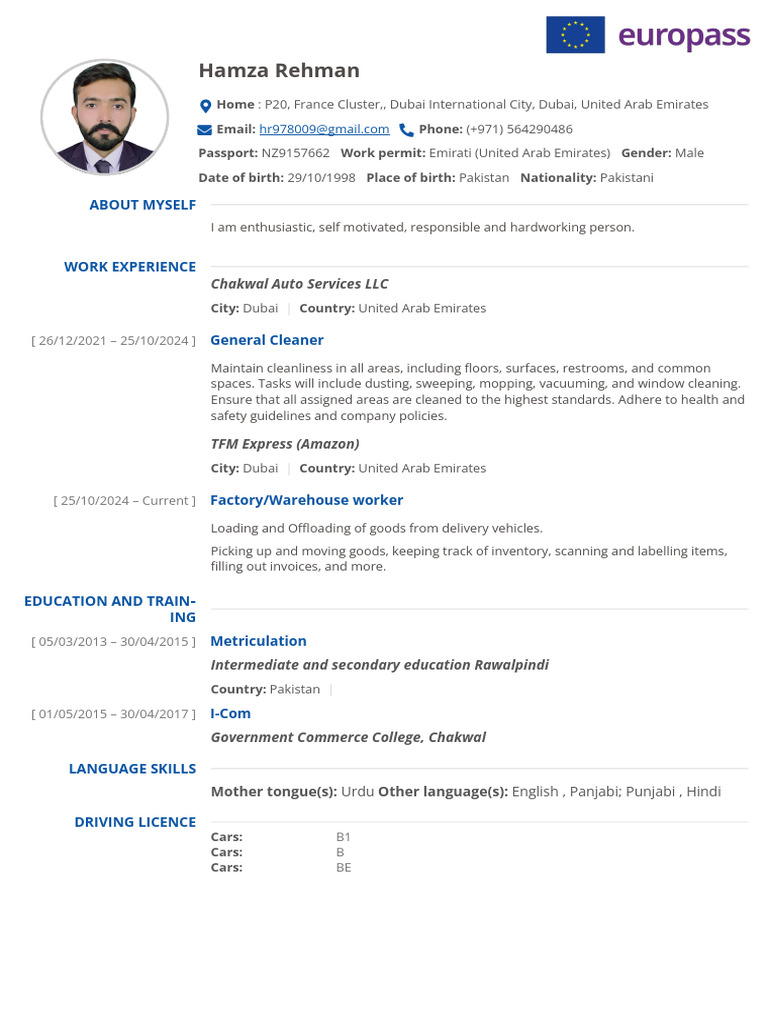 Europass Hamza Rehman | PDF