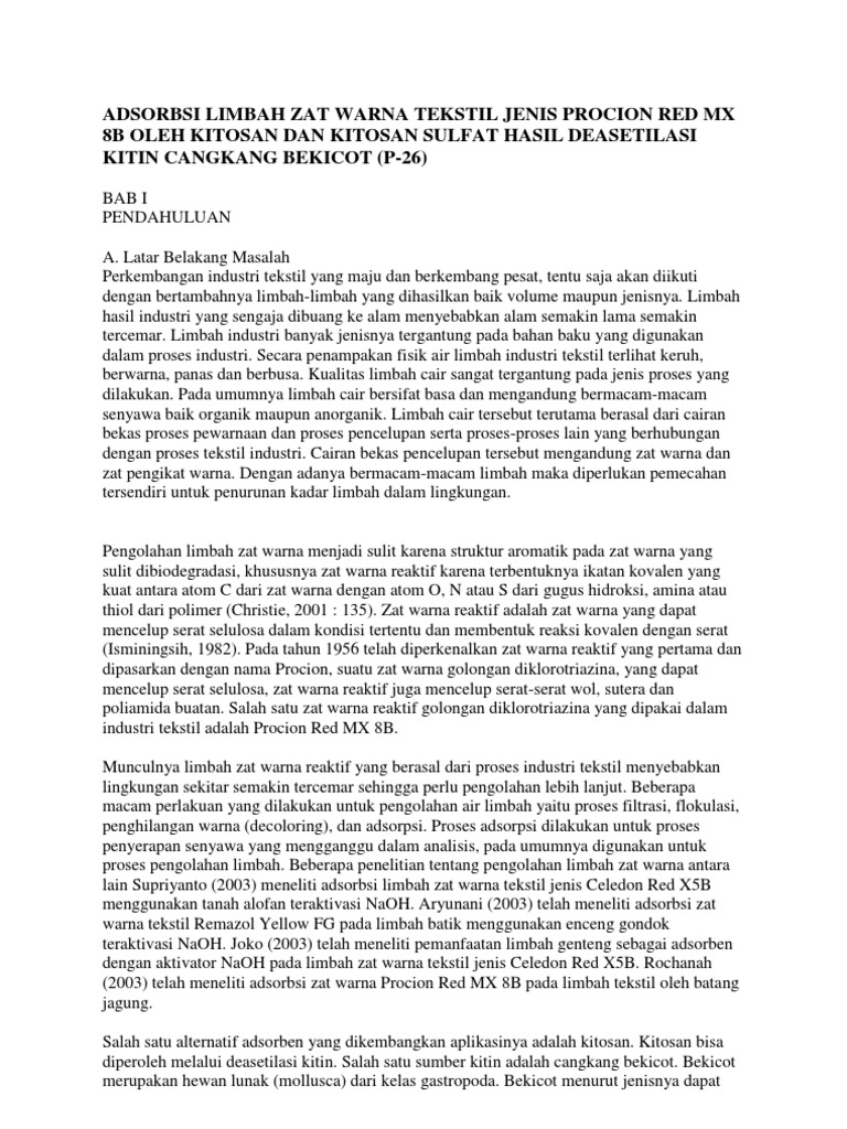 Adsorbsi Limbah Zat Warna Tekstil Jenis Procion Red MX 8b Oleh Kitosan Dan Kitosan Sulfat Hasil ...