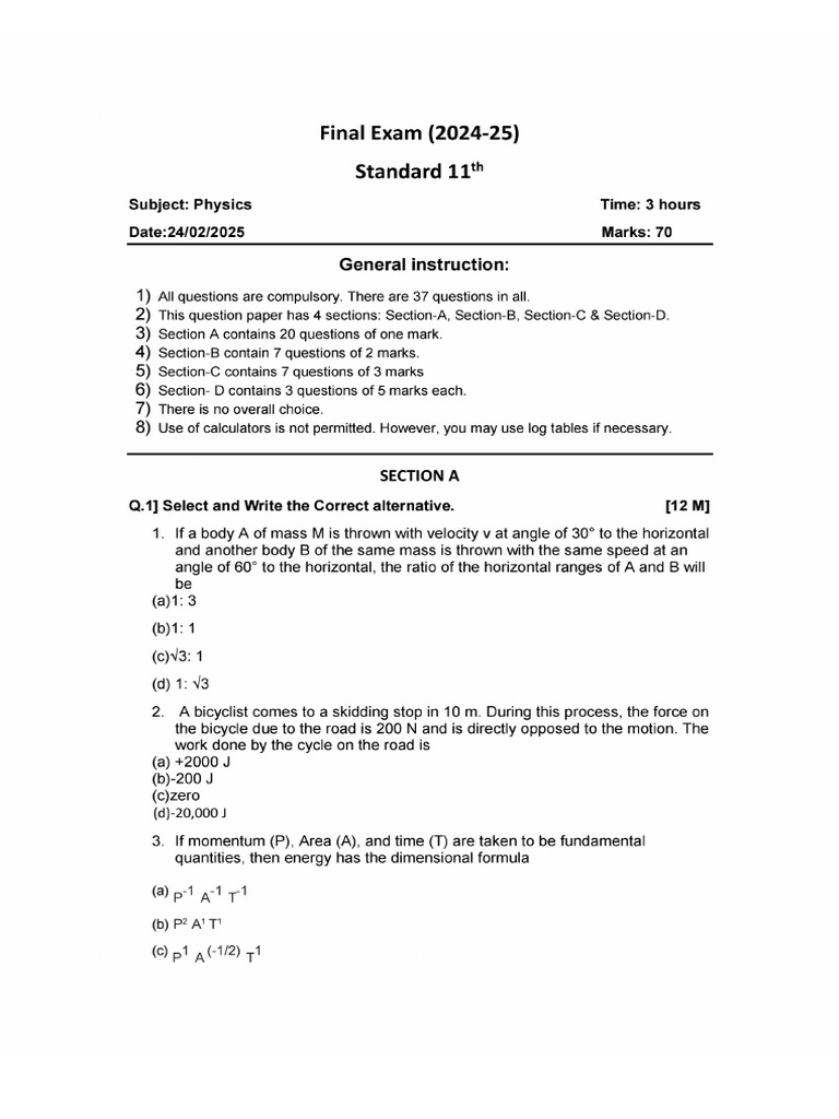 11th CBSE Physics Question Paper | PDF